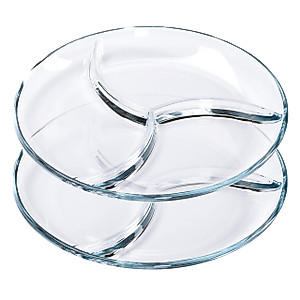 FOYO Round Tempered Glass Serving Platters/Trays - 3 Sectional -10'' Diameter, Set of 2