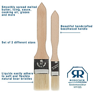 Redecker Pastry Brushes Set with Untreated Beechwood Handles, 2 Different Sizes, Multi-purpose Brushes with Natural Boar Bristles for Basting, Glazing and More, Made in Germany