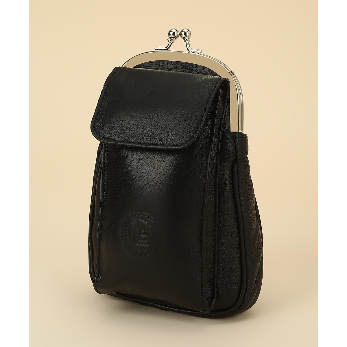 Leatherboss Leather Kiss Lock Pick-me-up Large Cigarette Money Make Up Holder Purse with Phone Case Black