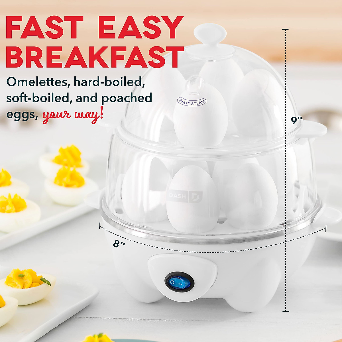 DASH Deluxe Rapid Egg Cooker for Hard Boiled, Poached, Scrambled Eggs, Omelets, Steamed Vegetables, Dumplings & More, 12 capacity, with Auto Shut Off Feature - White