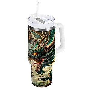 Maunzc 30 oz Tumbler with Handle and Straw, Insulated Stainless Steel Travel Mug with Lid for Coffee, Iced Tea, Water, Gift for Men Women (Tiger and Dragon Doing Battle)