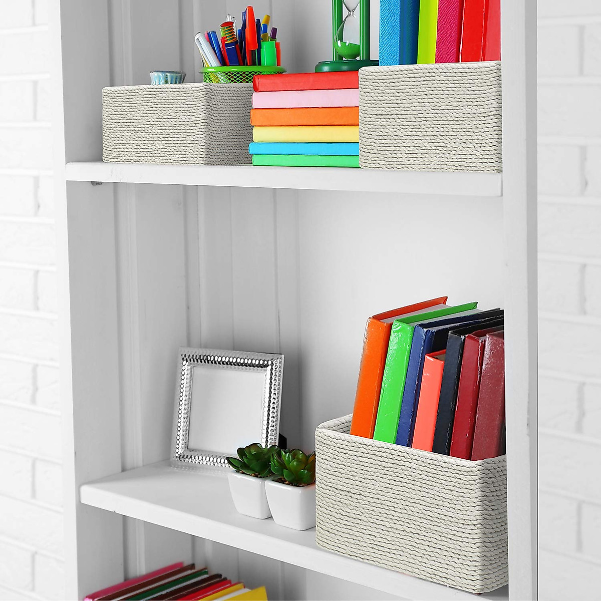 Sorbus Storage Baskets 4-Piece Set - Stackable Woven Basket Paper Rope Bin Boxes for Makeup, Office Supplies, Bedroom, Closet (Teal)