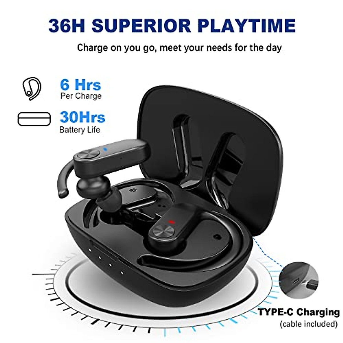 BEBEN Wireless Earbuds, 36H Playtime Bluetooth Headphones with Mics and Charging Case for iPhone Android, Waterproof Running Headphones for Gym Yoga Workout, Hi-Fi Sound Over Ear Buds with Earhooks