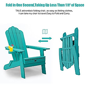 TALE Folding Adirondack Chair with Pullout Ottoman with Cup Holder, Weather Resistant, Oversized, Poly Lumber, Lawn Outdoor Fire Pit Chairs, for Patio Deck Garden, Backyard, Aruba Blue