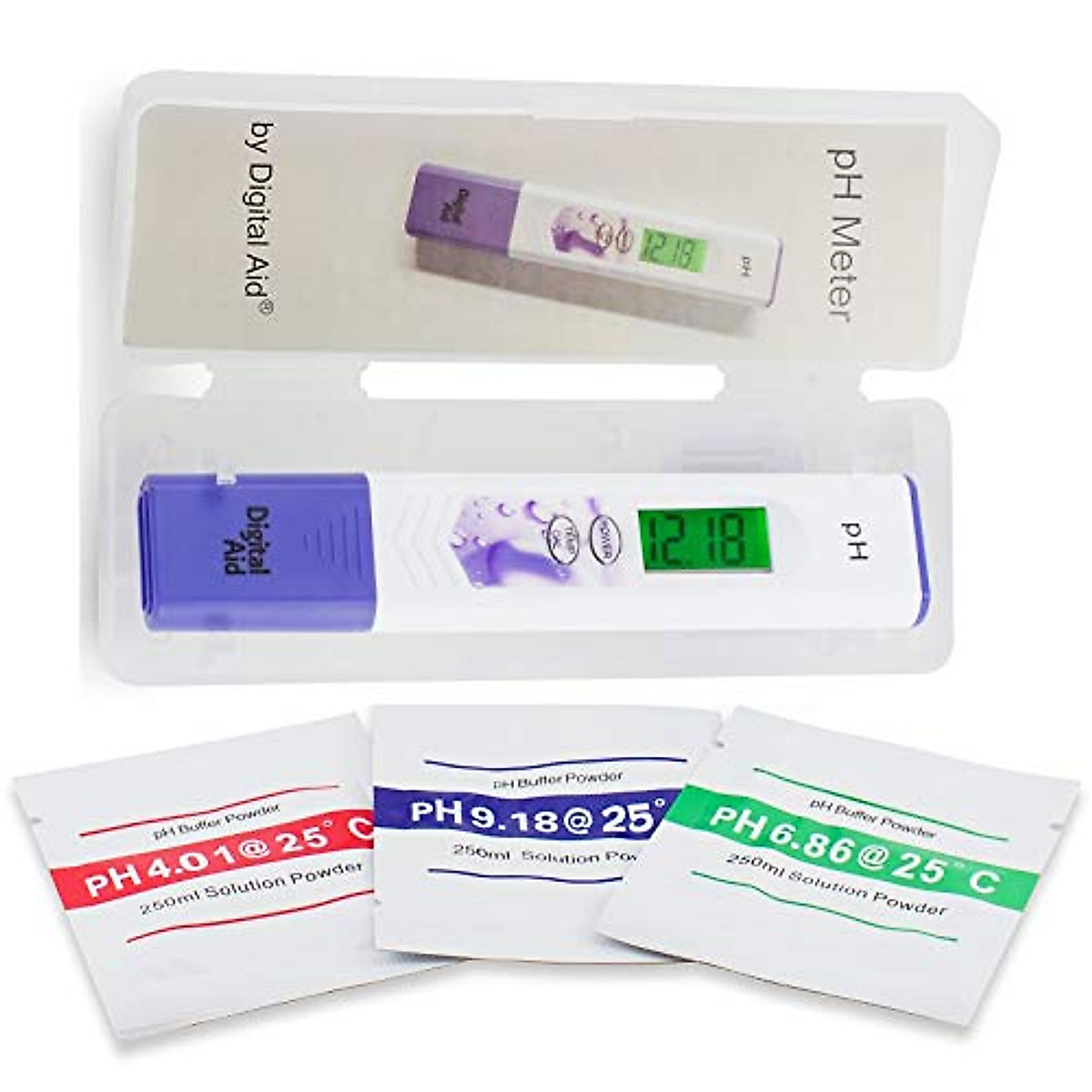 pH Meter and Temperature Meter. Digital Aid Professional Quality Water Test Meter. Large Back-lit LCD Screen. Range 0.00 to 14.0 pH; 32° - 140°F. 3 Free Buffer Solution Powders.
