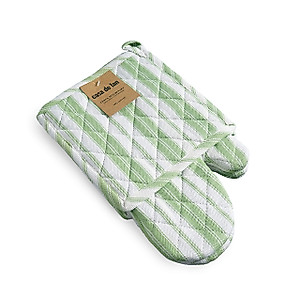 Oven Mitts & Potholder Set - Durable Heat Resistant Gloves - Thick Mittens for Kitchen - Suitable for Cooking, Baking, Grilling – BBQ - 2 Oven Mitts & 2 Potholders – Grass Green Stripes - Casa De Lan