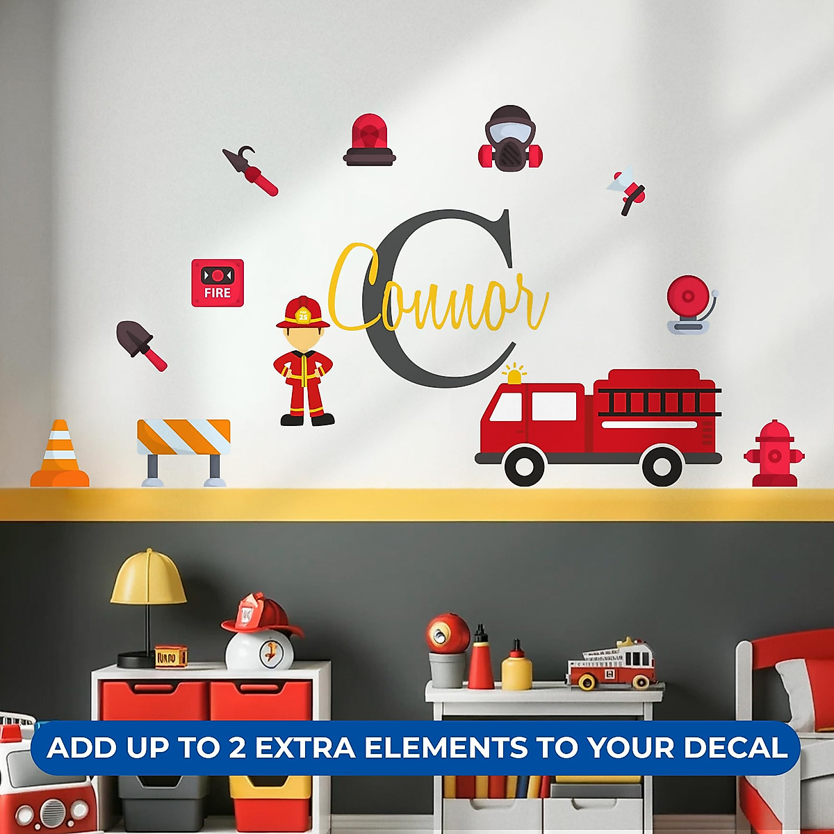 CRYPTONITE Personalized Name & Initial Firetruck Wall Decals for Kids Rooms I Baby Boy Nursery Decor I Toddler Boy Room Decor Firetruck I Firetruck Birthday Decorations (Wide 30"x 19" Height)