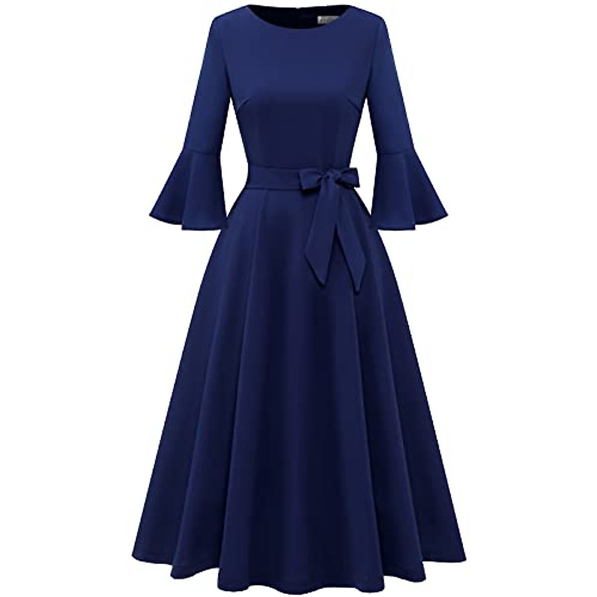 Modest Dresses for Women 3/4 Sleeve Vintage Wedding Guest Midi Dress Long Sleeve Dress for Women Fit and Flare Tea Party Homecoming Dress Navy L