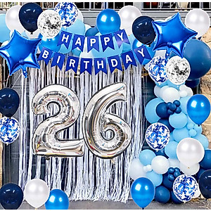 26th Birthday Party Decoration Blue for Men, Happy Birthday Banner Blue Number 26 Birthday Star Foil Balloons Latex Confetti Balloons for Men Him 26 Years Old Birthday Supplies(26th)