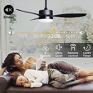 Ohniyou 52'' Ceiling Fan with Lights Remote Control,Outdoor Ceiling Fans for Patio with Light,Black Ceiling Fan Light for Bedroom Kitchen Nursery Conference
