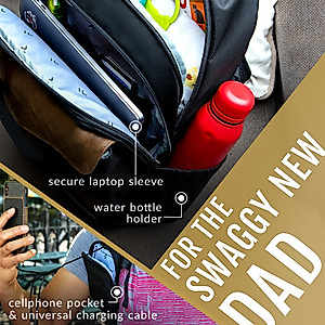 FlyDad - FirstBorn Men's Diaper Backpack, Stylish Diaper Backpack, Dad Diaper Bag, Mens Diaper Bag w/ 21 Compartments, Changing Mat, & Insulated Milk Pockets for Bottles (4oz), Brown Leather Accents