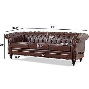 TINGMAMADEHUA Dark Brown Faux Leather 3-Seater Couch, 84in Sofas for Living Room, Bedroom, Office, with Rolled Arm, Deep Seating and Buttoned Classic Chesterfield Sofa