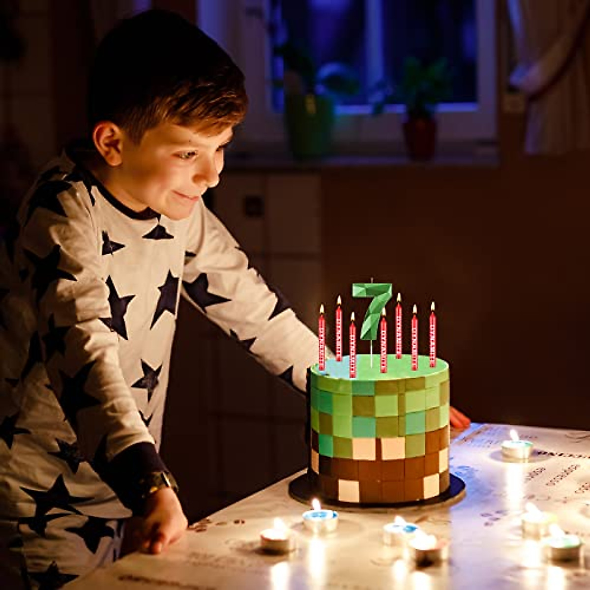 13 Pcs Birthday Cake Candle TNT Themed Birthday Candles 3D Design Green Number Candles for Birthday Cakes Dynamite Birthday Candles for Wedding Baby Shower Video Game Party Kids Adults (Number 7)