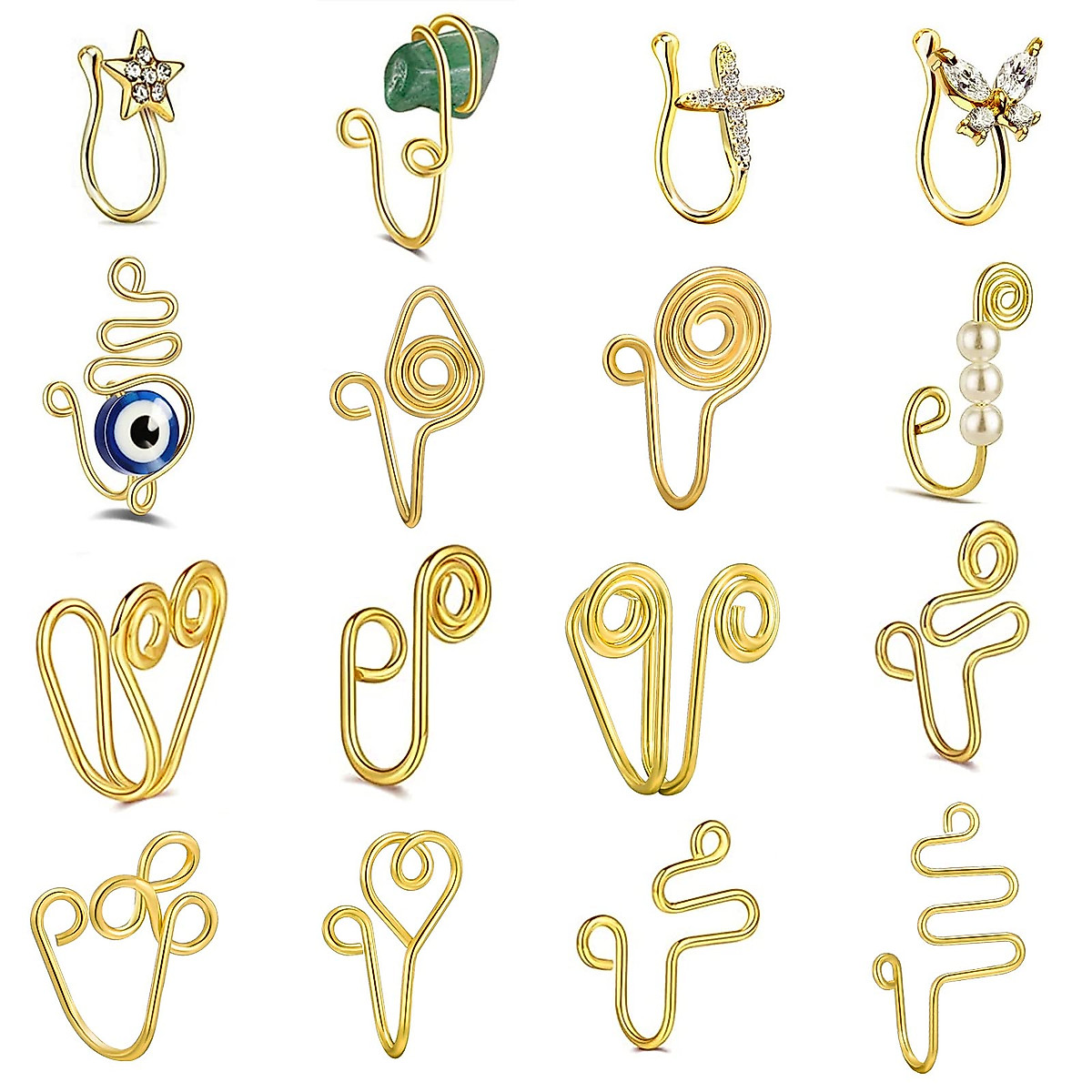 16 Pcs Multi-Style Fake Septum Fake Nose Ring Hoop- African Nose Cuff Non Piercing Nose Cuffs for Non Pierced Nose - Fake Nose Rings Hoops- Fake Nose Ring Stud - Clip on Nose Ring for Fake Piercing