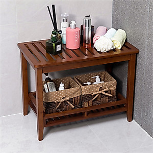 Forevich Bamboo Shower Bench Stool Bathroom Shower Chair Seat with Storage Shelf Spa Bath Foot Rest for Insider Shower Bathtub Elderly and Disabled Brown