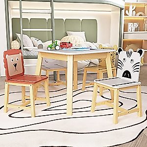 YUNLife&Home 5-Piece Kiddy Kitchen and Dining Room Furniture, Cartoon Animals Wood Table with 4 Chairs Sets for Kids Toddlers Girls Boys, 23.6'' W x 23.6'' D x 19.7'' H, White