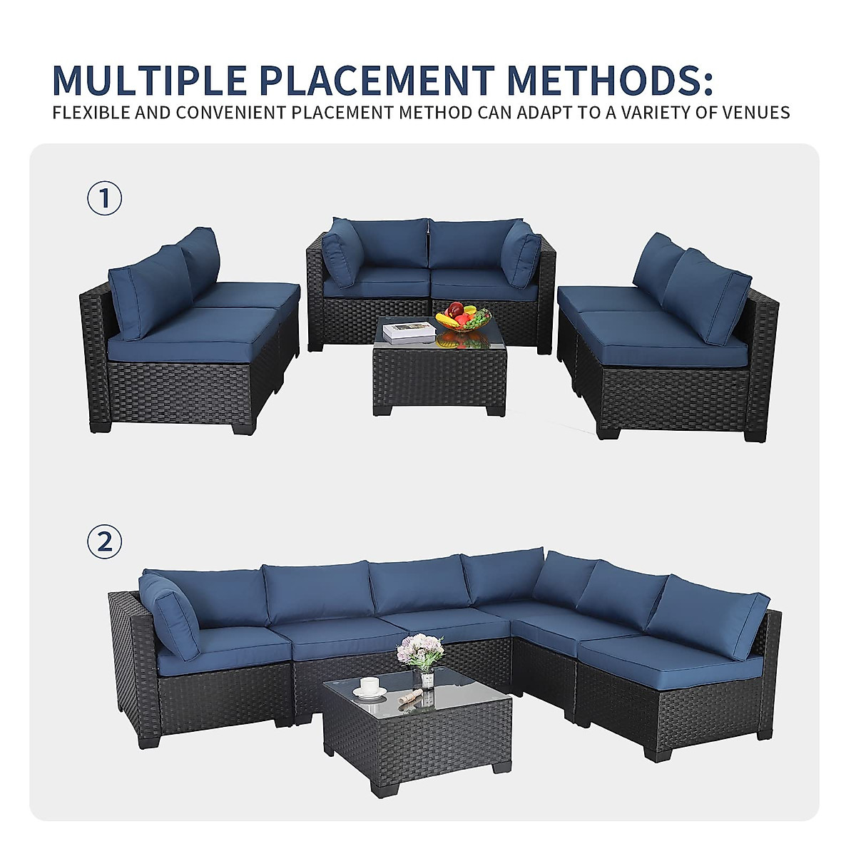 Valita 7 Piece Outdoor PE Wicker Furniture Set, Patio Black Rattan Sectional Sofa Couch with Washable Navy Blue Cushions…