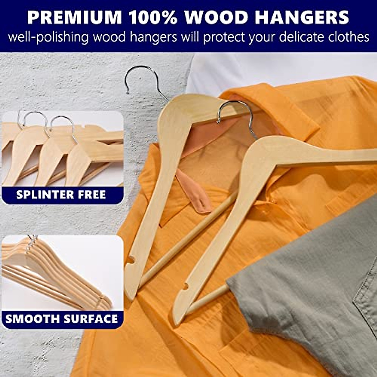 Amber Home Solid Wood Suit Coat Hangers 30 Pack, Smooth Natural Finish Wooden Dress Hangers with Non Slip Pant Bar, Clothes Hangers with 360 Swivel Hook & Notches for Jacket, Pant, Shirt (Natural, 30)