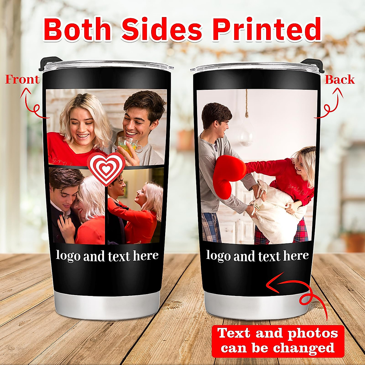 Personalized Coffee Tumbler with Pictures Text - 20oz Custom Leak Proof Tumblers Travel Cup with Lid, Custom Photo Gifts for Birthday Anniversary Christmas for Women Men