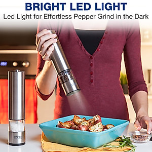 Electric Salt and Pepper Grinder Mill - Battery Operated Ceramic Burr Pepper Grinder Refillable - Automatic Stainless Steel Salt and Pepper Grinders - Pepper Mill Grinder With LED Light by Eparé