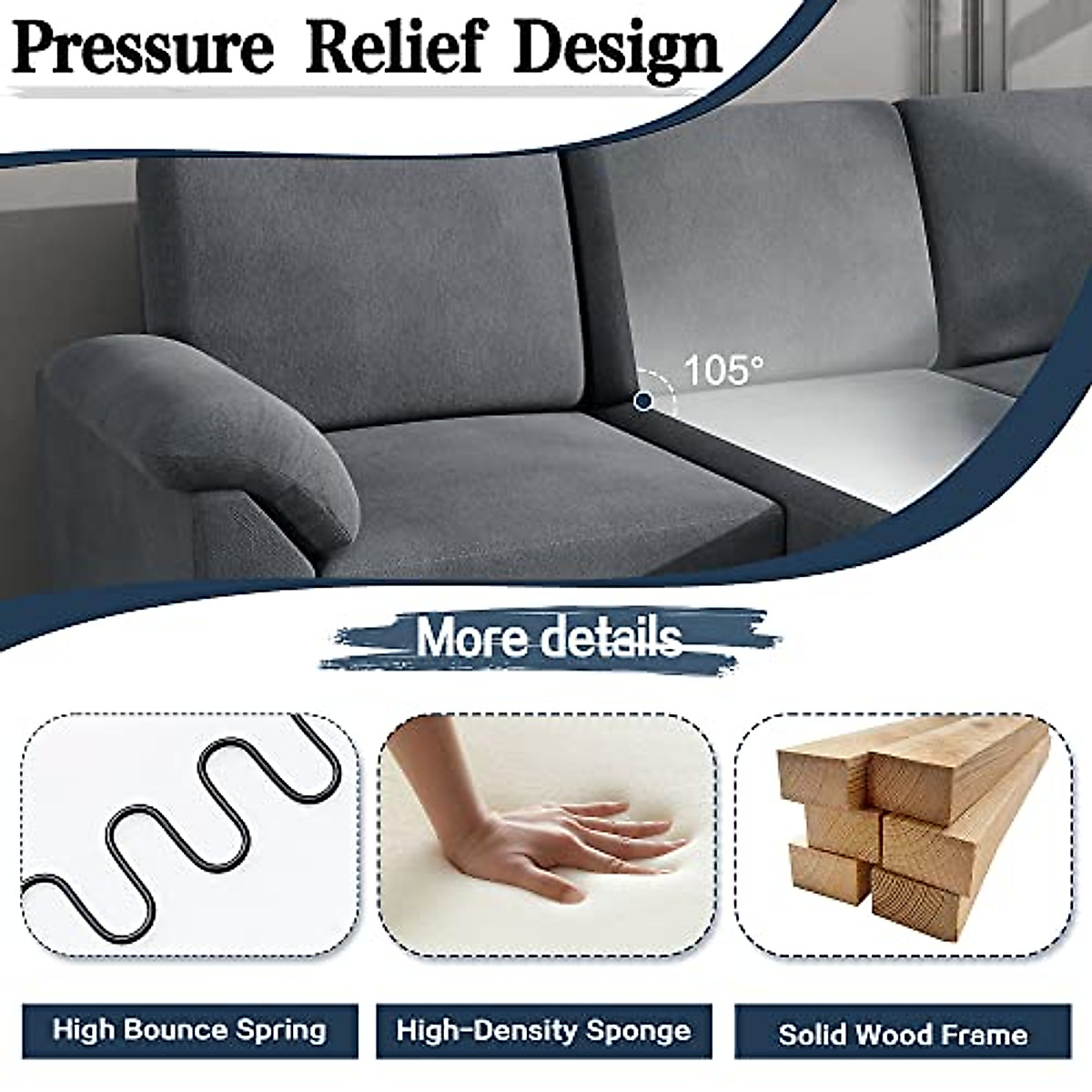 Meilocar 79” Modern Sectional Sofa Couch, Convertible L Shaped Couch with Reversible Ottoman, 3-Seat Sofa Sectional with Removable Armrest for Living Room, Apartment, Small Space, Blue Grey