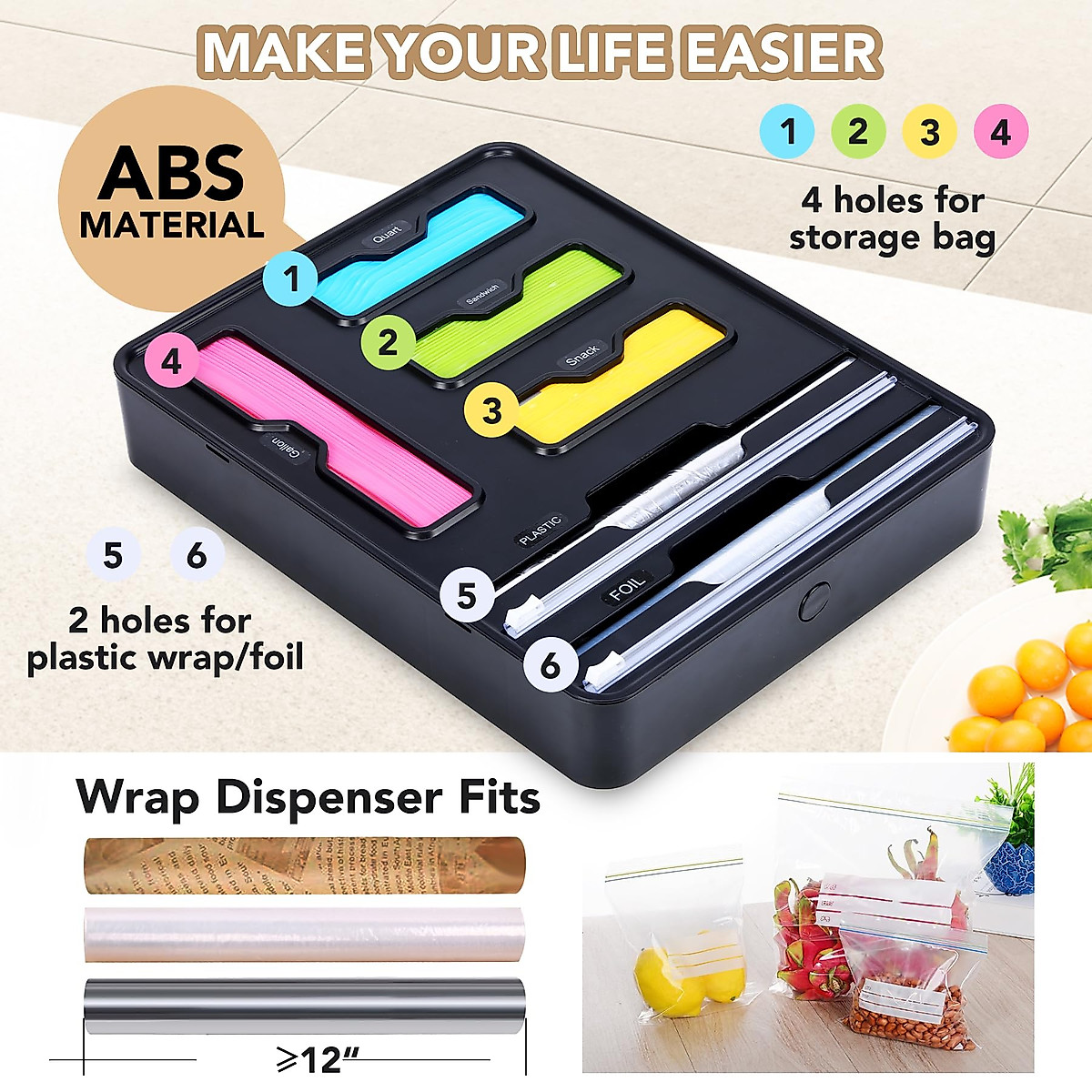 CiWiVOKi Storage Bag Organizer for Drawer, 6 in 1 Foil and Plastic Wrap Dispenser with Cutter, Plastic Kitchen Organizers and Storage for Sandwich Snack Gallon Quart Bags and 12" Aluminum Foil, Black