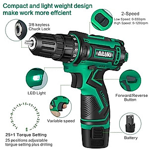 Cordless Drill Driver Kit,67Pcs 12V Drill Set Lithium-Ion Battery,Magnetic Wristband Brushes Tape Measure,Max Drill 280 In-lb Torque,3/8'' Keyless Chuck,25+1 Metal Clutch and Built-in LED