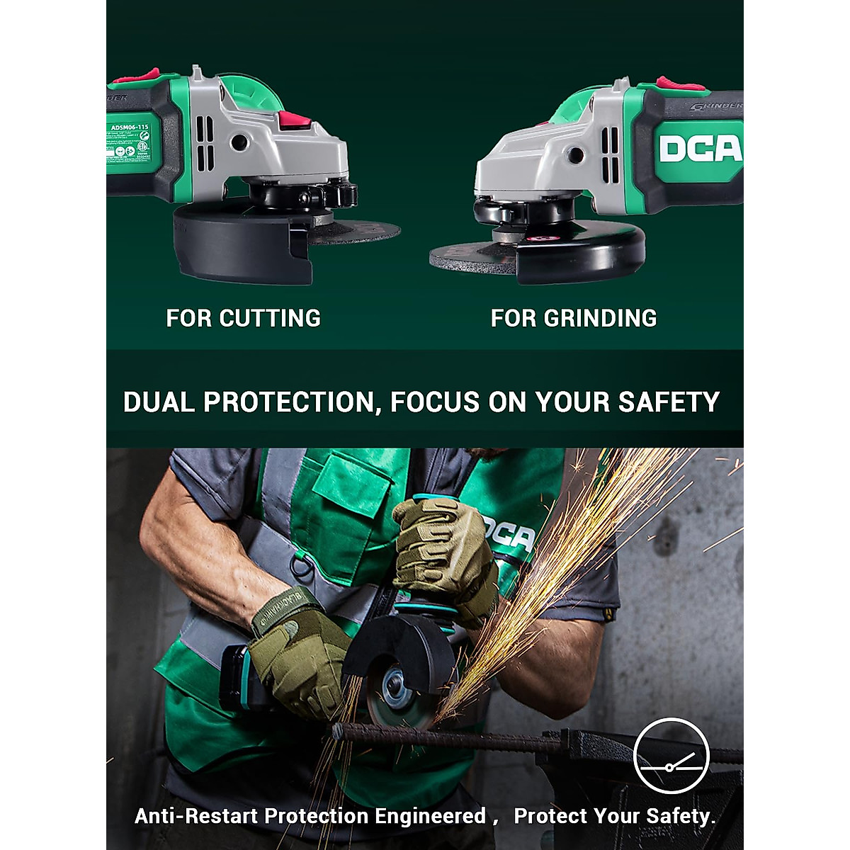 DCA Cordless Angle Grinder 20V 4-1/2 inch, 4.0Ah Battery & 2A Fast Charger, 8500RPM Brushless Motor, Power Angle Grinder with Cutting & Grinding Wheels, Flap Discs for Wood Metal & Rust Removal