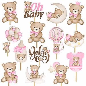30Pcs Pink Bear Centerpiece Sticks We Can Bearly Wait Baby Shower Decorations Teddy Bear Table Toppers Bear Baby Shower Decorations Bear Centerpieces for Table Girls Baby Shower Supplies
