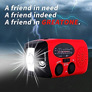 GREATONE Weather Radio Emergency Hand Crank Self Powered AM/FM NOAA Solar Portable Camping Weather Radio with LED Flashlight，2000mah Portable Charge for Phone Survival Pack 071 (red)