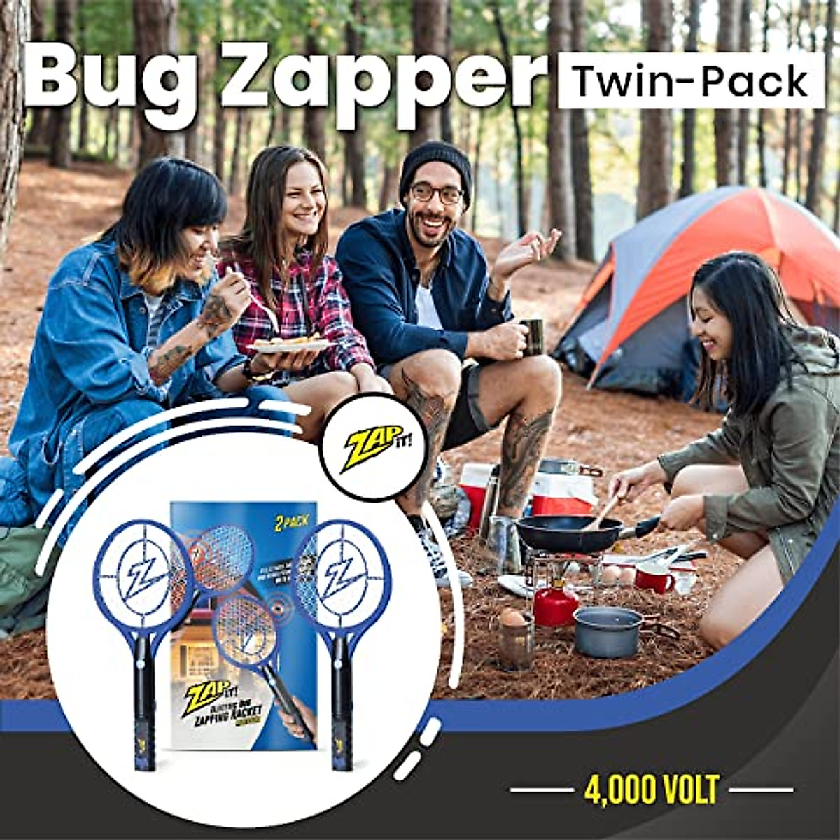 Zap It Bug Zapper - Fly Zapper Racket - Rechargeable Bug Zapper Racket, 4,000 Volt, USB Charging Cable, 2 Pack