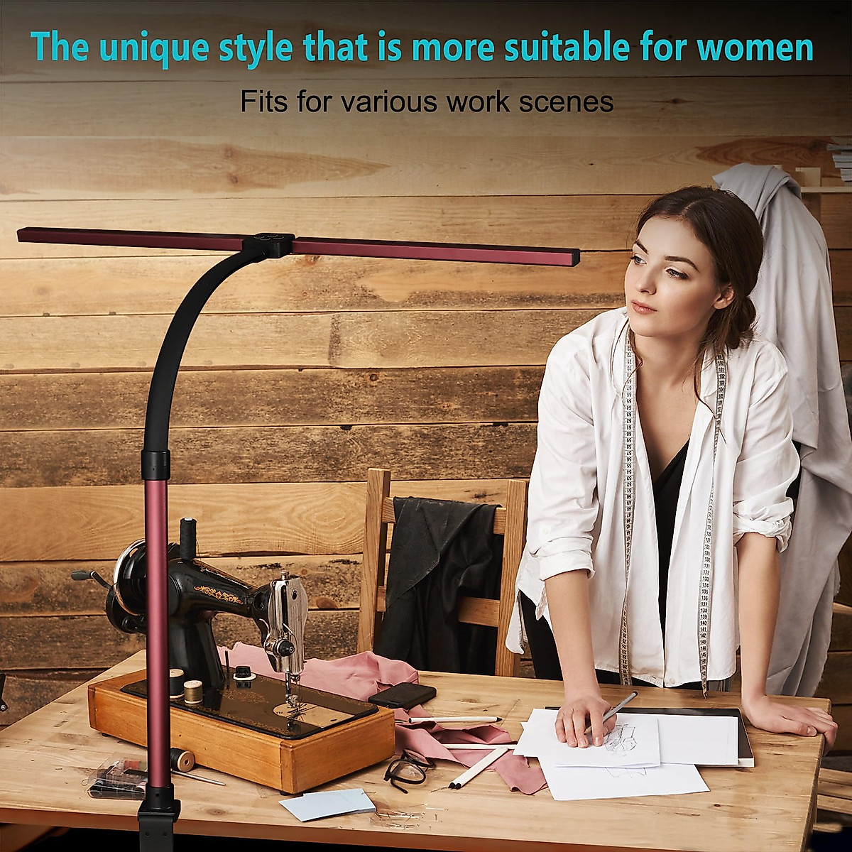 DUKTIG LED Desk Lamp for Women, Double Head Architect Desk Lamp, Bright Desk Lamps with Clamp, 5 Color Modes and Dimmable Tall Desk Lamps for Home Office, Studio (24W, Crimsonb Red)
