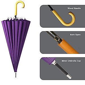 MRTLLOA 52 Inch Windproof Large Umbrellas for Rain, 16 Ribs, J Wooden Handle, 210T High-density Fabric Golf Stick Umbrella(52 Inch, Purple)