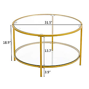 Bonnlo 31.5" Round Coffee Table with Open Storage Shelf,2-Tier Temperred Glass Round Accent Coffee Table with Metal Frame, Mustard Gold