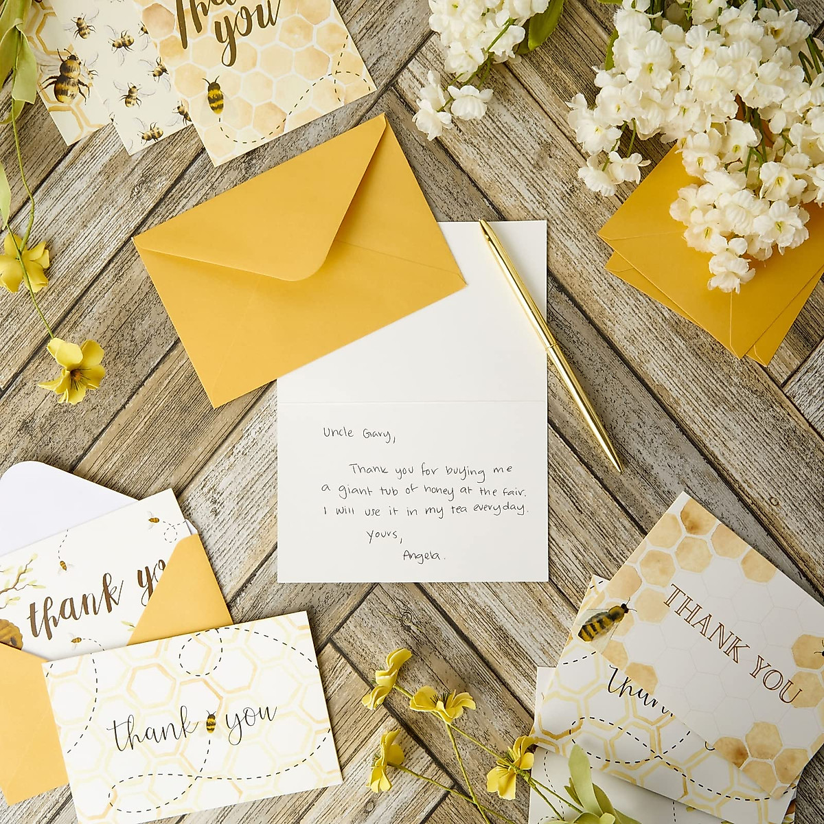 Pipilo Press 48 Pack Bee Thank you Cards Bulk, Bumblebee Honeycomb Design with Yellow Envelopes for Baby Shower, Birthdays (4x6 In)