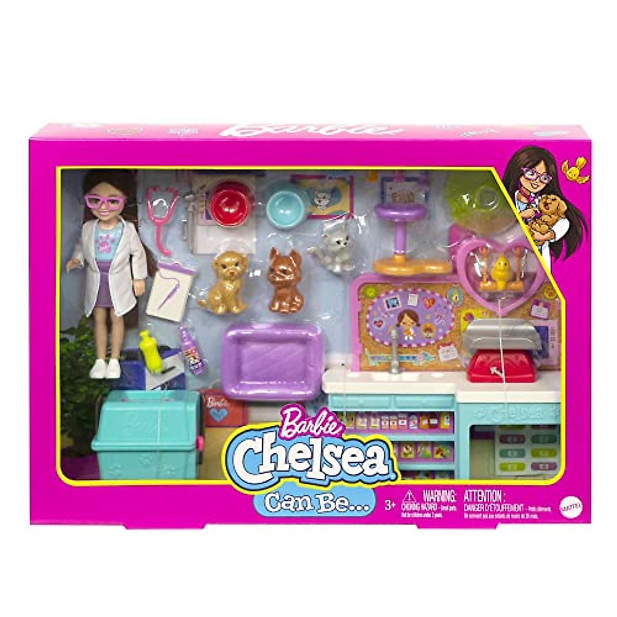 Barbie Chelsea Can Be Doll & Accessories, Pet Vet Playset with Brunette Small Doll, 4 Animals & 18 Pieces