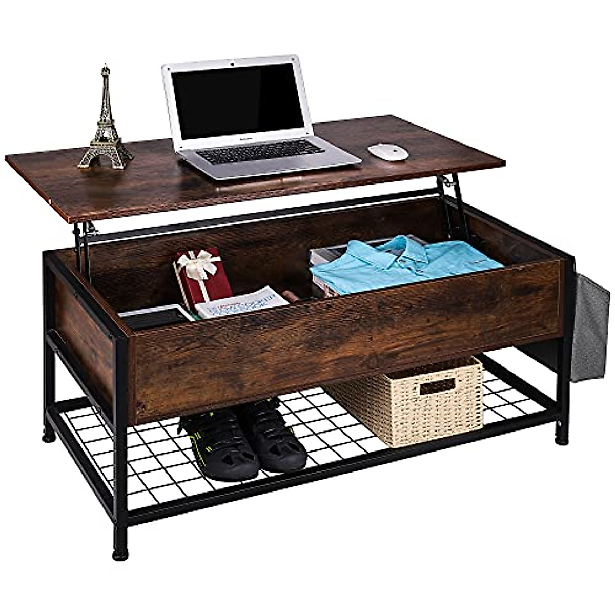 ErgoDesign Lift Top Coffee Table, 39.5" L Coffee Table with Storage Bag, Rising Tabletop Table with Hidden Compartment for Living Room Reception Room (Rustic Brown)