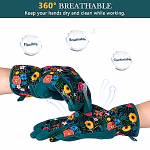 Trifabricy Garden Gloves for Women - Breathable leather Floral Gardening Gloves with Grip, Thorn-Proof Puncture-Resistant Work Gloves for Weeding, Digging, Planting, Raking and Pruning, Green Flower