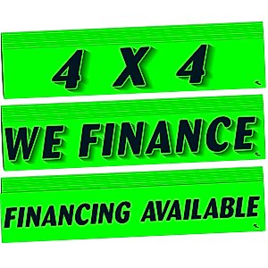 Versa Tags Windshield Slogan Stickers 12 Pack of 4X4 Stickers 12 Pack of WE Finance Slogans 12 Pack of FINANCING Available Window Stickers (36) Dealership Stickers Black On Green