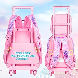 4PCS Rolling Backpack for Girls, Kids Mermaid Roller Backpacks with Wheels for Kids, Wheeled Bookbag Set for Toddler Elementary School