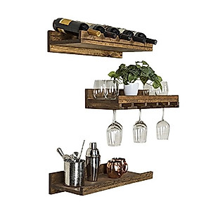 Rustic Handmade Wall Mounted 24" Three Tiered Solid Wood Wine Bottle & Stemware Shelves Complete Set of 3 (Dark Walnut)