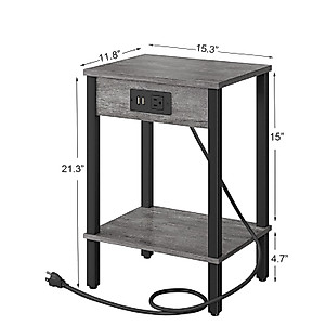 VIMBER Set of 2 End Table with Charging Station, Narrow Side Table with USB Ports and Outlets, Nightstands with 2-Tier Storage Shelves, Sofa Table for Small Space Living Room Bedroom, Grey