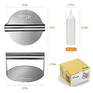 VOOWO Burger Press, 5.5inch Smash Burger Press Stainless Steel Burger Smasher, Round Bacon Press with 8 oz Condiment Squeeze Bottles, Perfect for Flat Top Griddle Grill Cooking