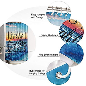 4 Pcs Shower Curtain Sets with Rugs Live Well Laugh Often Love Much Non-Slip Soft Toilet Lid Cover for Bathroom Beach Sunset Bathroom Sets with Bath Mat and 12 Hooks