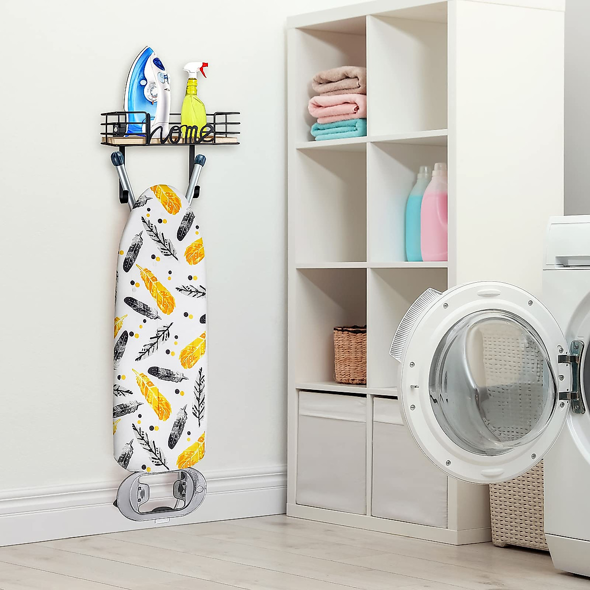 TJ.MOREE Ironing Board Hanger Wall Mount - Laundry Room Decor Iron and Ironing Board Holder with Large Storage Wooden Base Basket and Removable Hooks (Black)