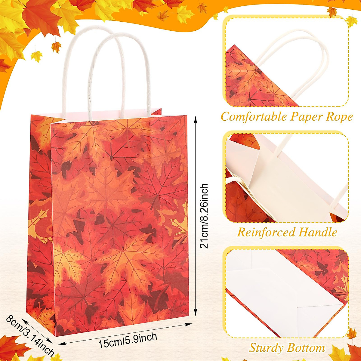 Tenceur 48 Pcs Fall Gift Bags Bulk Fall Candy Bags Kraft Paper Orange Gift Bags Maple Leaf Elements Party Treat Bags with Handles for Thanksgiving Autumn Wedding Birthday Party Favors