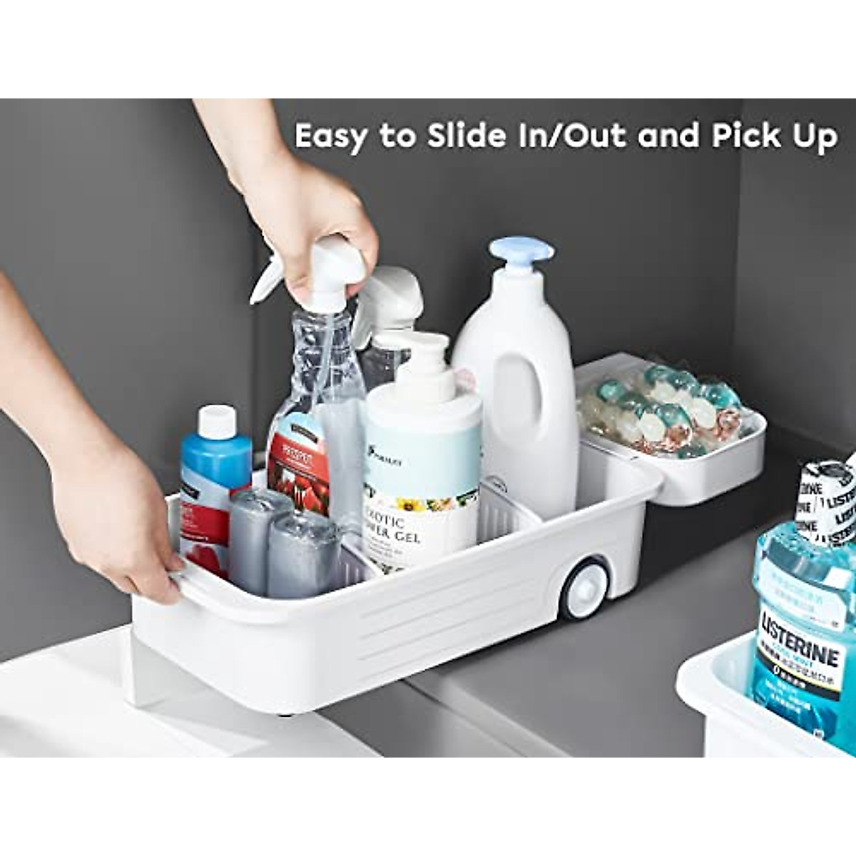 Under Sink Organizer with Wheels, Bathroom Organizer with Dividers & Side Basket, Pull Out Cabinet Organizer for kitchen Storage, Kitchen Pantry Cabinet Medicine Bins, 8" Wide, White