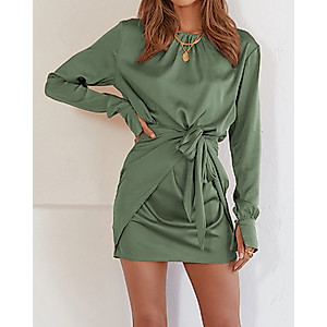 BTFBM Women Casual Long Sleeve Ruched Wrap Dress Crew Neck Tie Waist Short Dress Solid Color Mini Dress Satin Cocktail Dress(Solid Army Green,Large)
