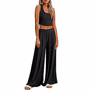 Ekouaer Women's Pajamas 2 Piece Lounge Set Ribbed Knit Loungewear Sleeveless Tank Top Wide Leg Pants,Black,S