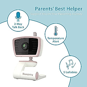Moonybaby Trust 50s Baby Monitor No WiFi, 15 Hours Long Battery Life, 1000ft Long Range, 5" Display, Auto Night Vision, 2-Way Audio, Temperature Sensor, Lullabies, Power Saving/Voice Activation, Pink